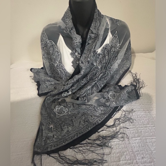 Accessories | Elegant Black And Gray See Through Paisley Scarf | Poshmark